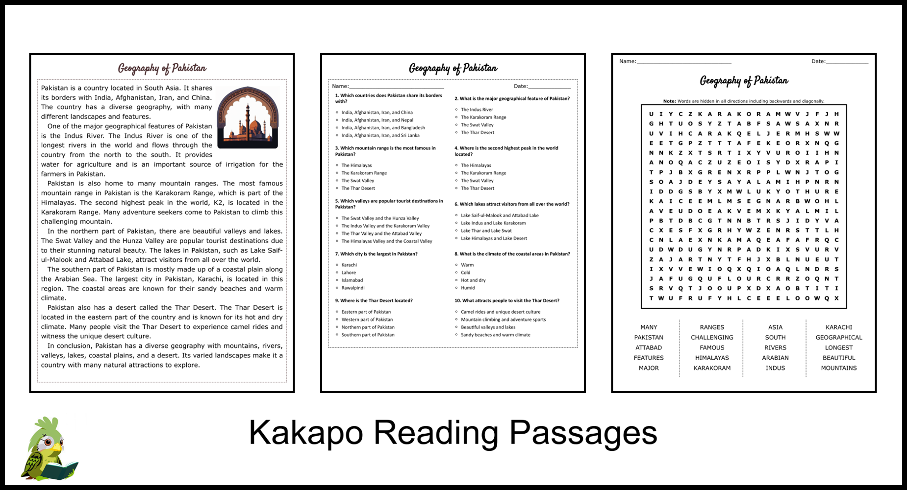 Geography of Pakistan Reading Comprehension and Word Search | Teaching ...
