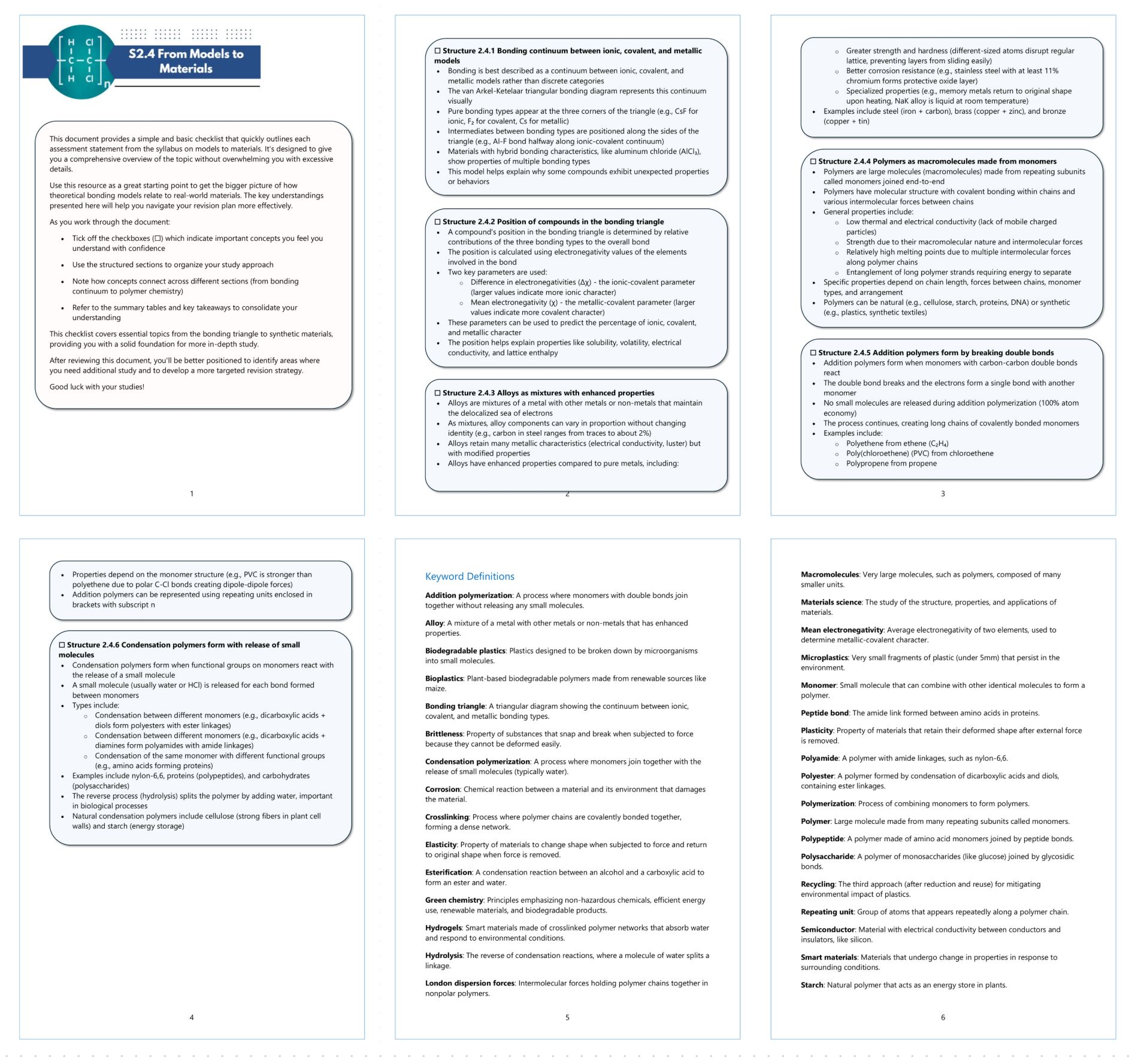 IB DP Chemistry S2.4 Models to Materials: Condensed Topic Revision ...