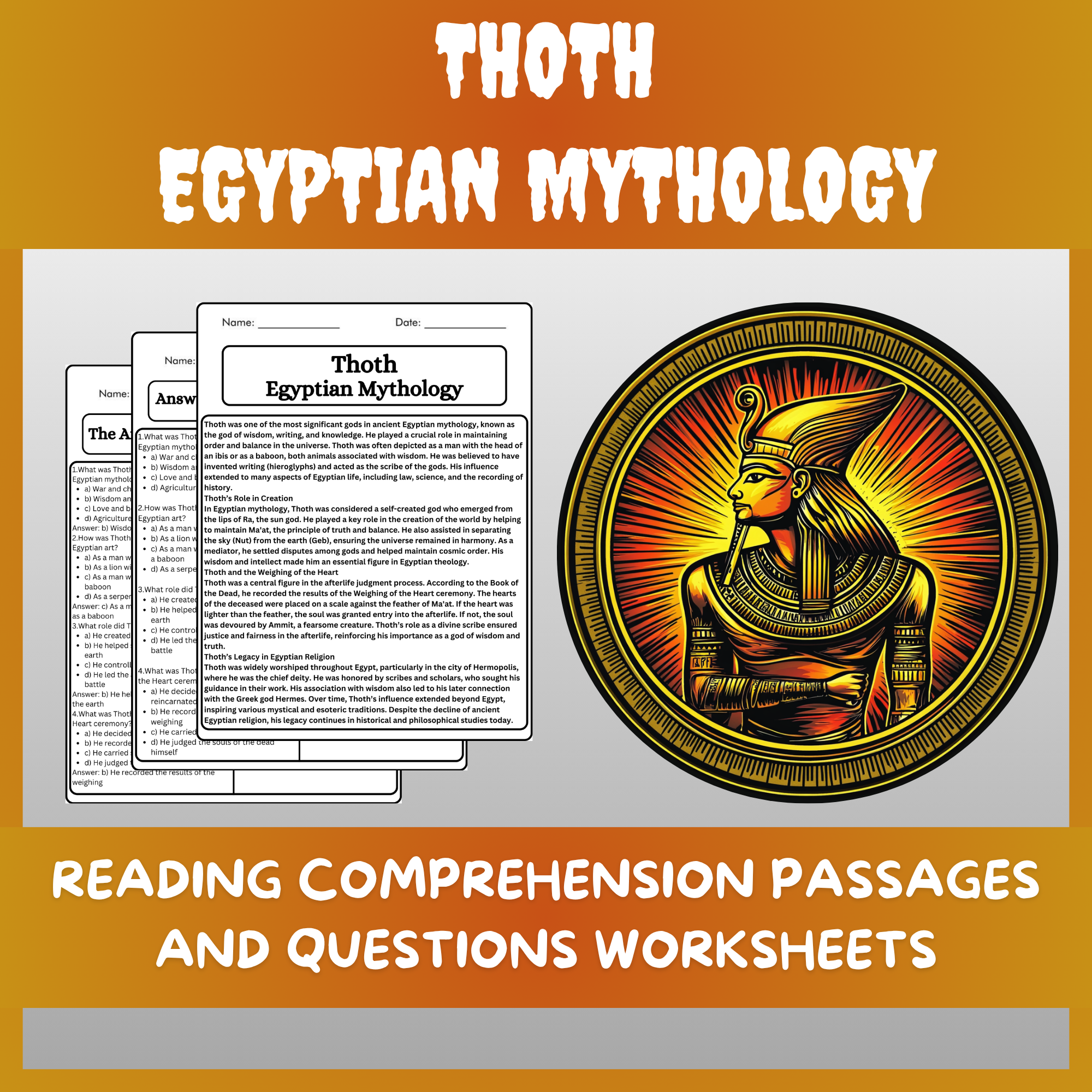 Thoth - Egyptian Mythology Reading Comprehension Passages & Questions Worksheets | Teaching ...