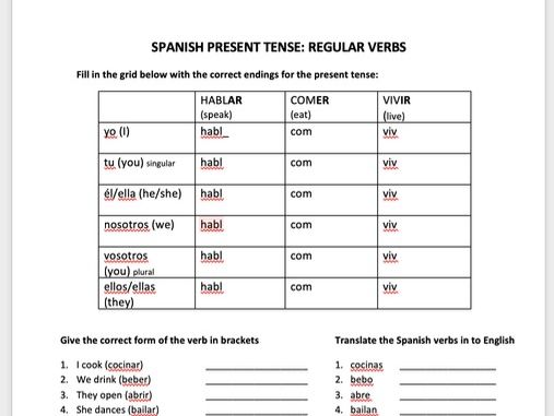 SPANISH REGULAR PRESENT TENSE WORKSHEET | Teaching Resources