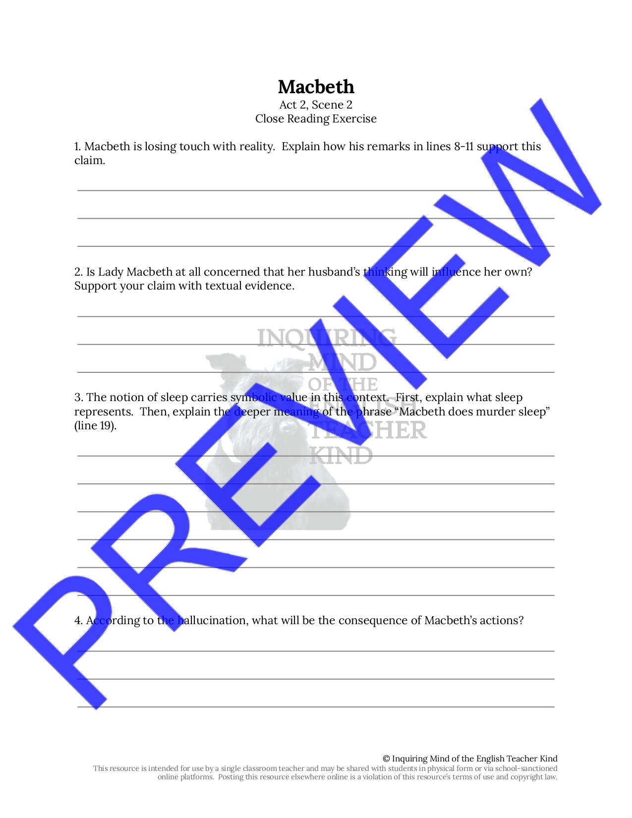 Macbeth Act 2 Scene 2 Close Reading Worksheet | Teaching Resources