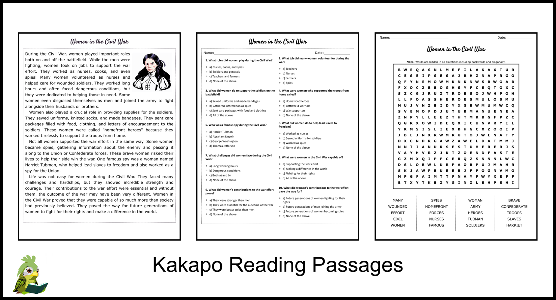 Women in the Civil War Reading Comprehension and Word Search | Teaching ...