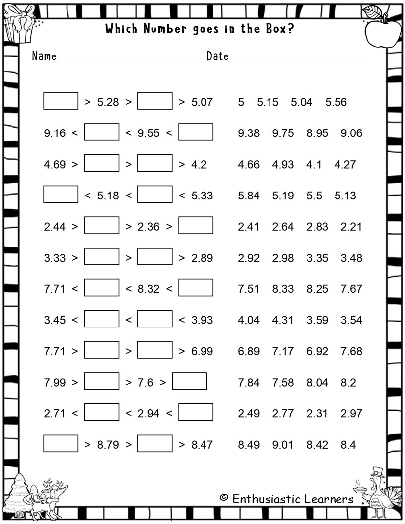 Greater Than, Less Than – Two Decimal Missing Numbers (Choose from 4 ...