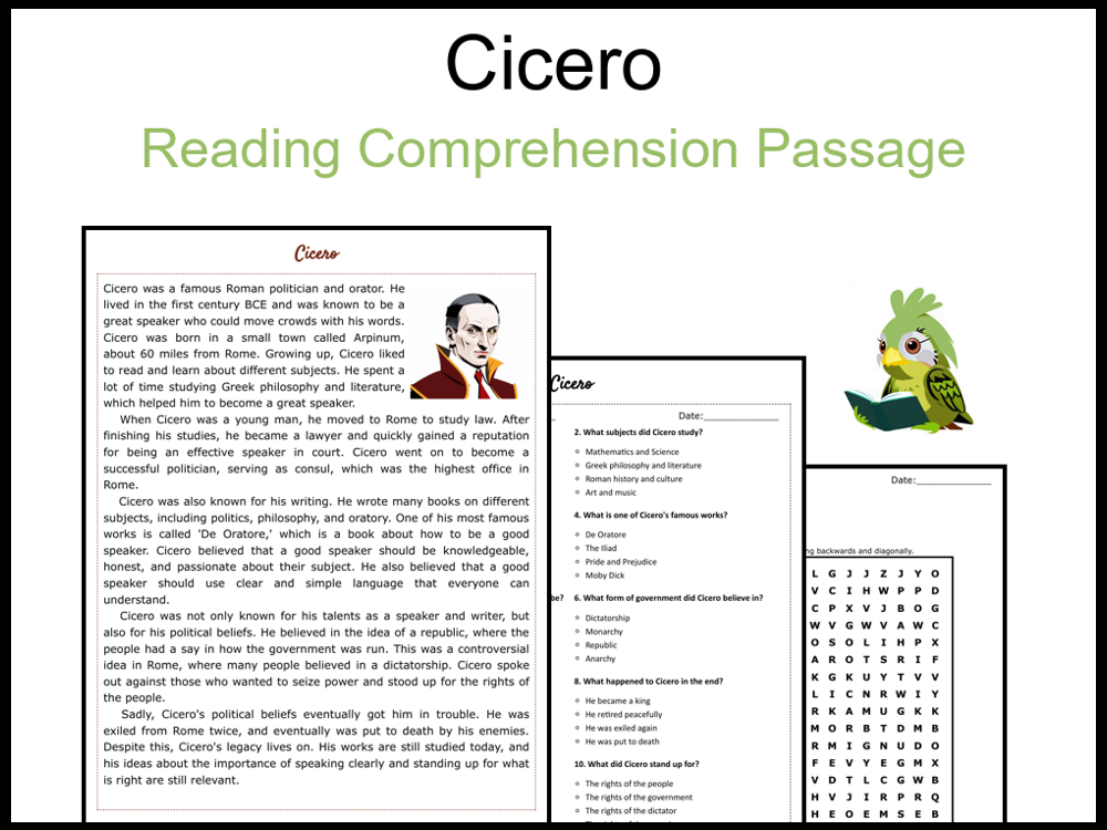 Cicero Reading Comprehension and Word Search | Teaching Resources