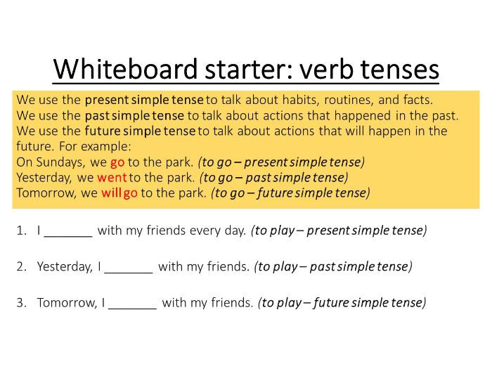 Verb Tenses SPaG Starters for Whiteboards Part 1 | Teaching Resources