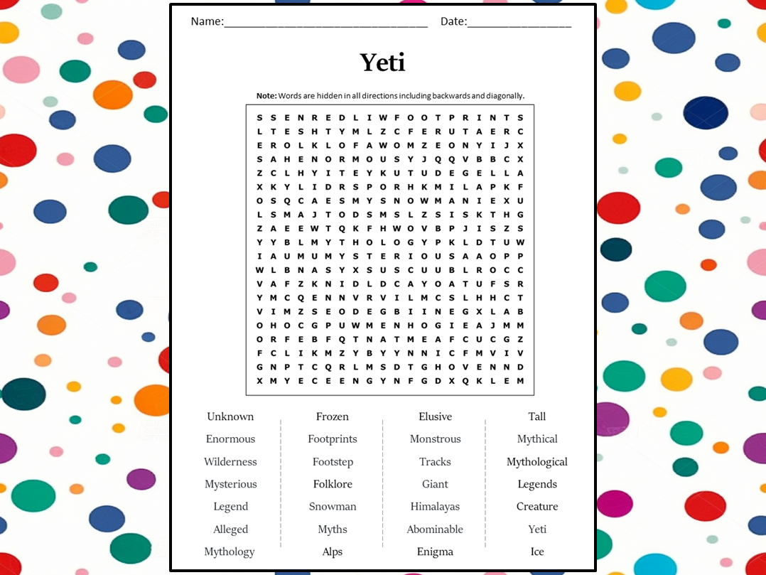 Yeti Word Search Puzzle Worksheet Activity Teaching Resources