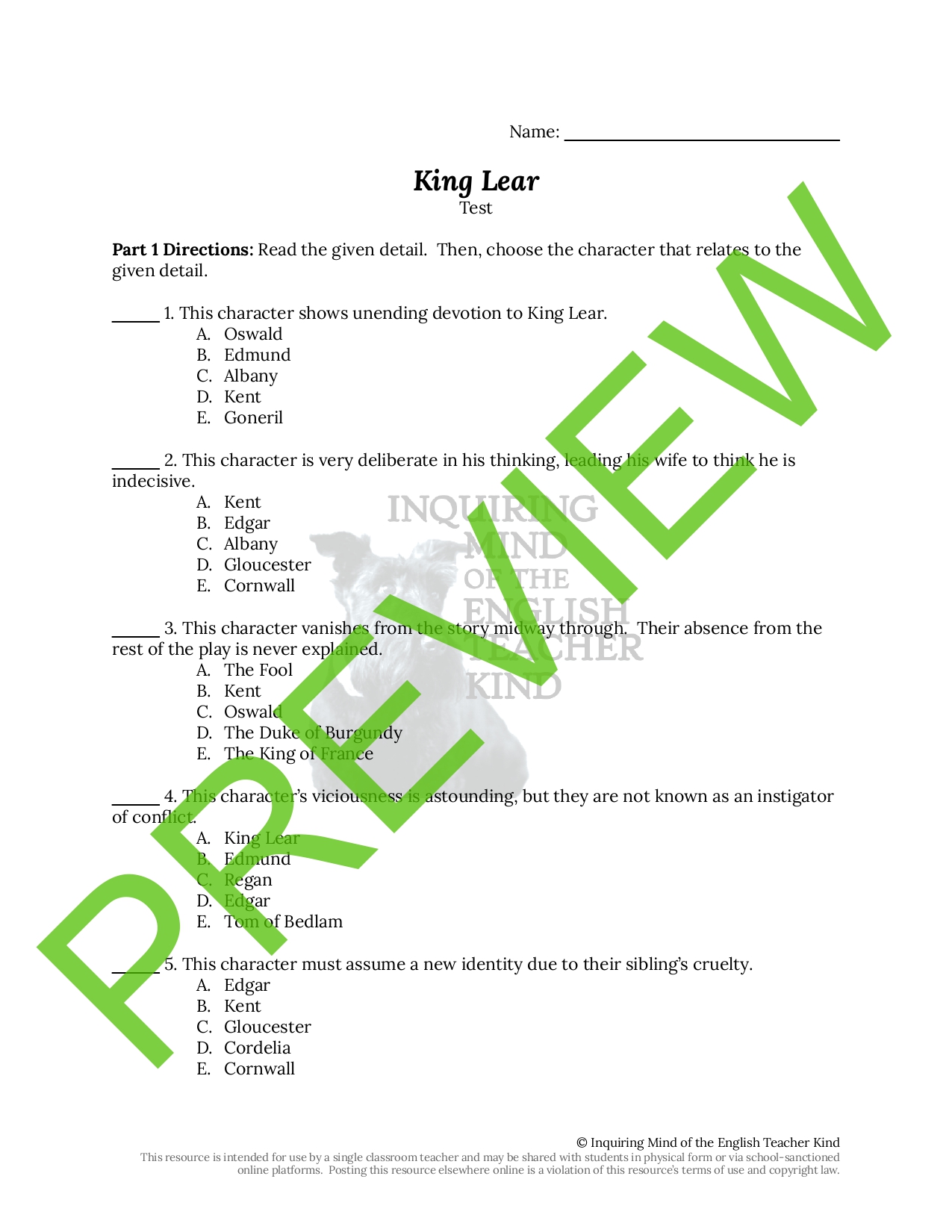 King Lear Test and Answer Key | Teaching Resources
