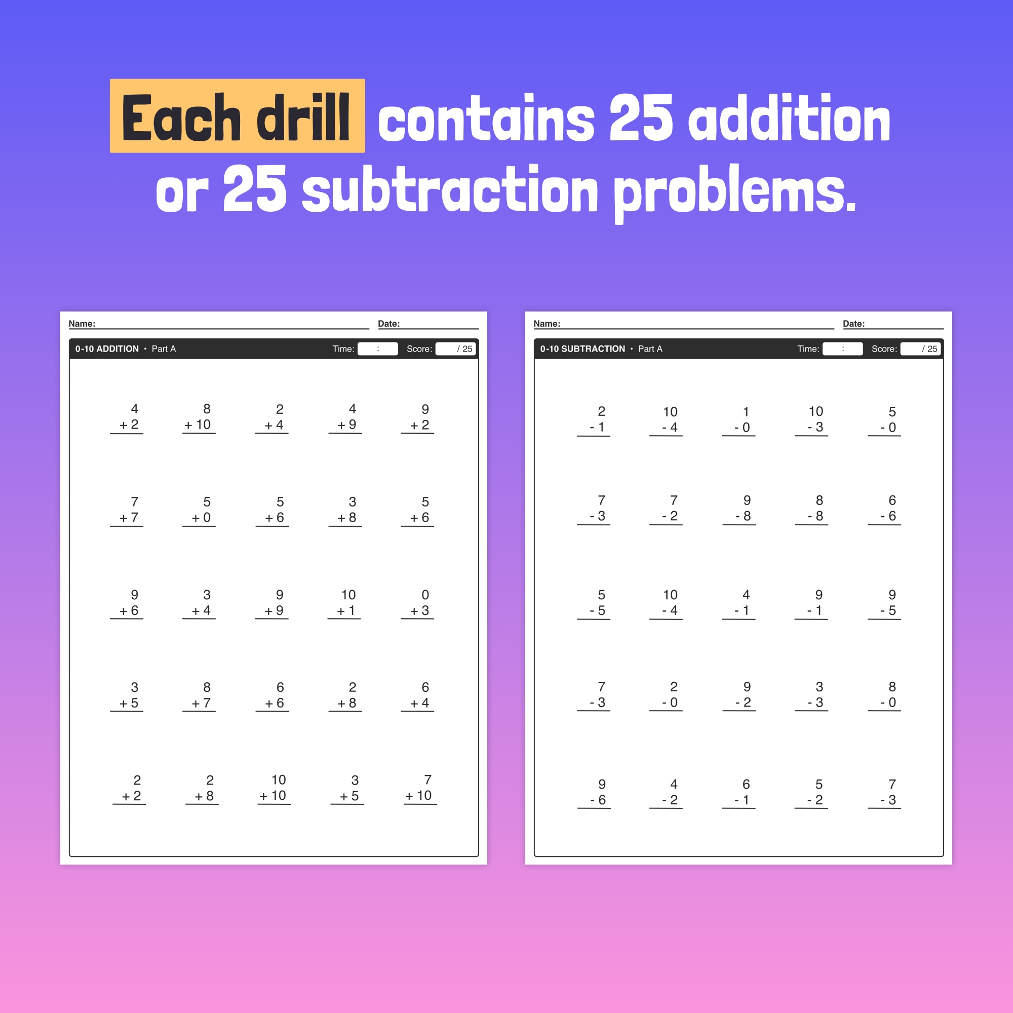 Addition And Subtraction Timed Drills 0 10 Adding Subtracting