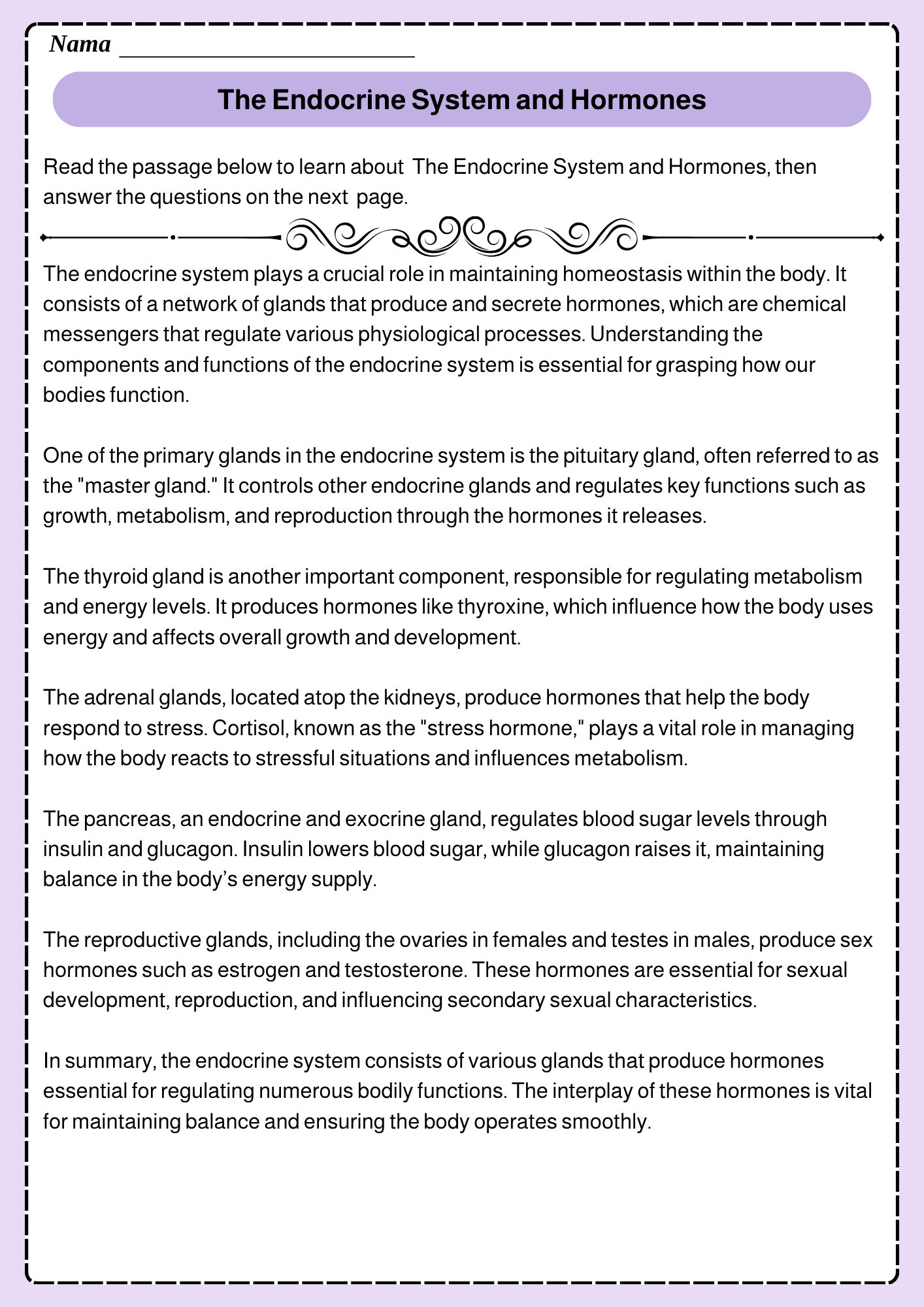 The Endocrine System and Hormones Reading Comprehension Passages ...