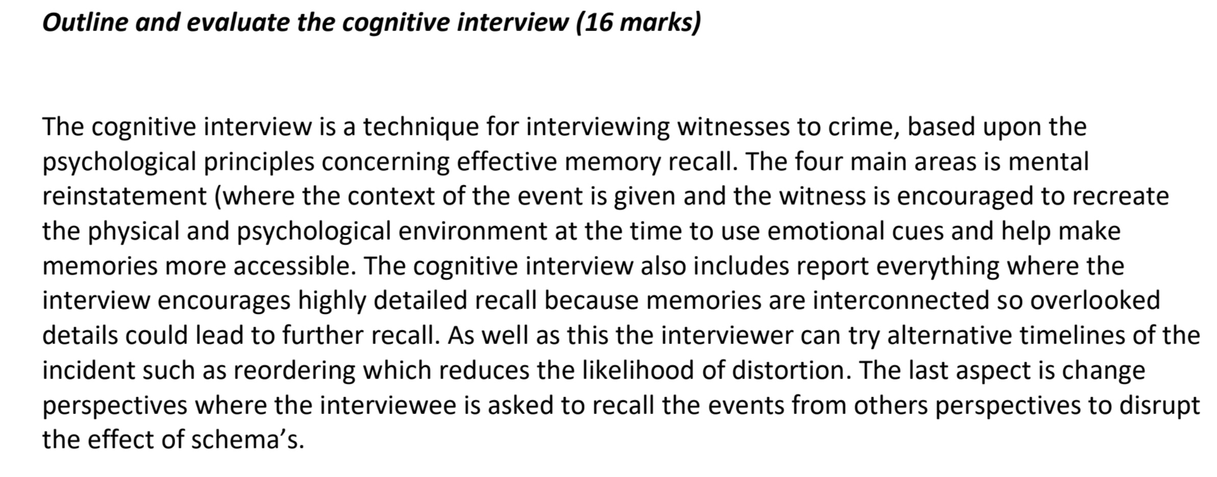 AQA psych A-Level 16/16 Cognitive Interview Exemplar Essay | Teaching ...
