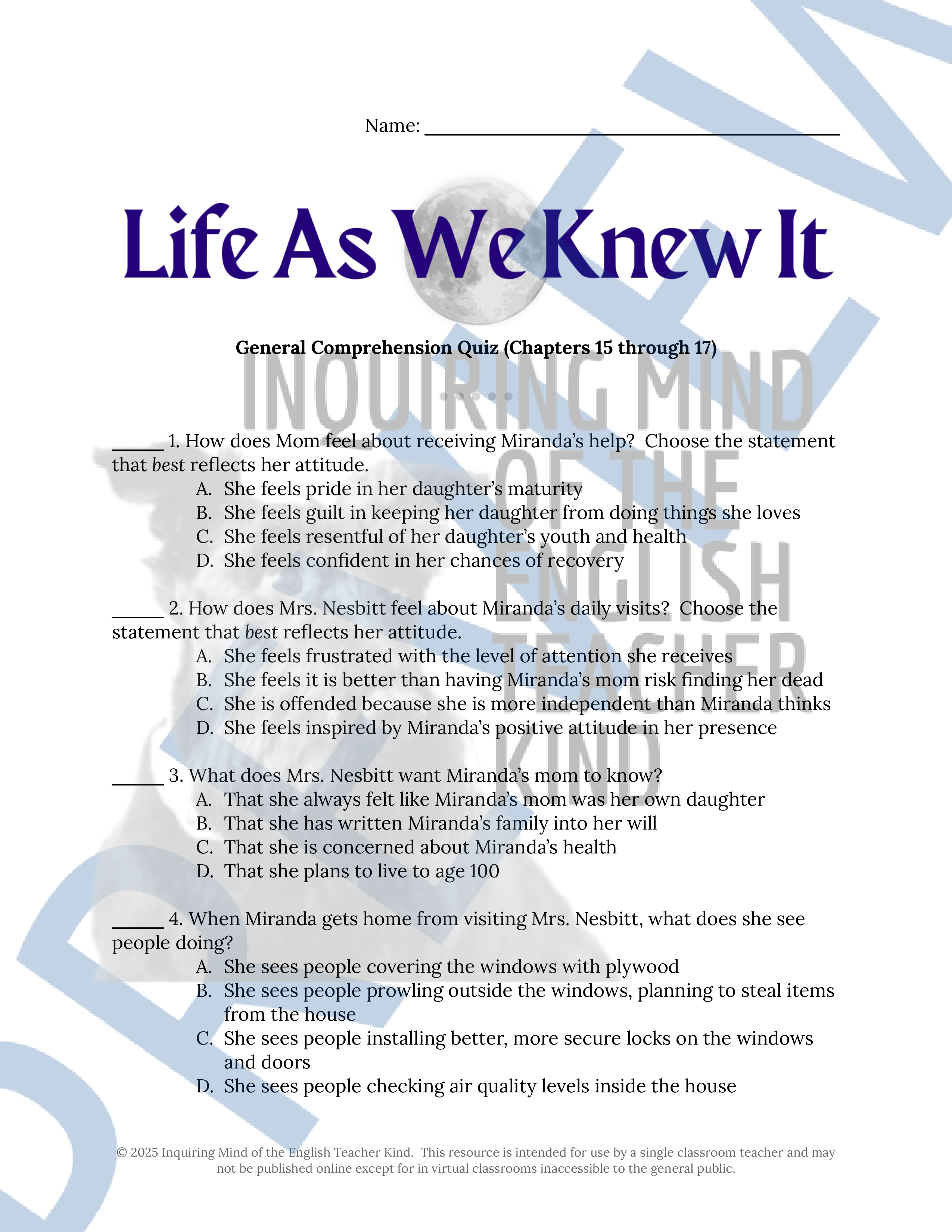 Life As We Knew It Chapters 15 through 17 Quiz and Answer Key ...