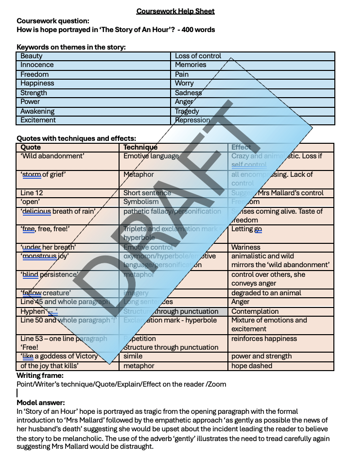iGCSE English Literature Story Of An Hour Help Sheet | Teaching Resources