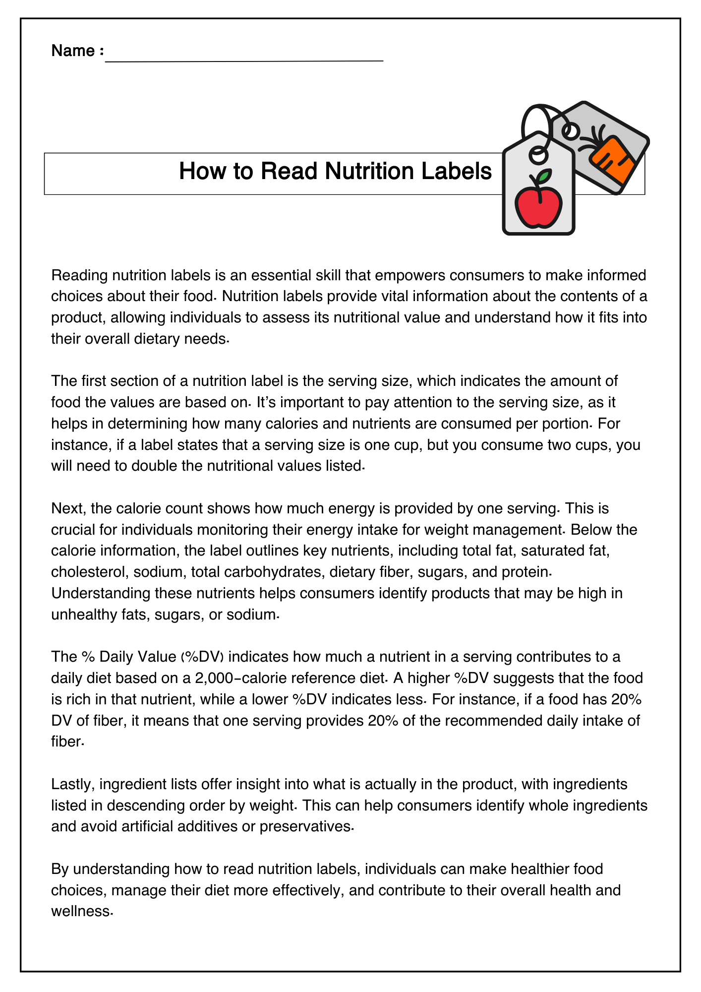 How to Read Nutrition Labels Reading Comprehension Passages & Questions ...