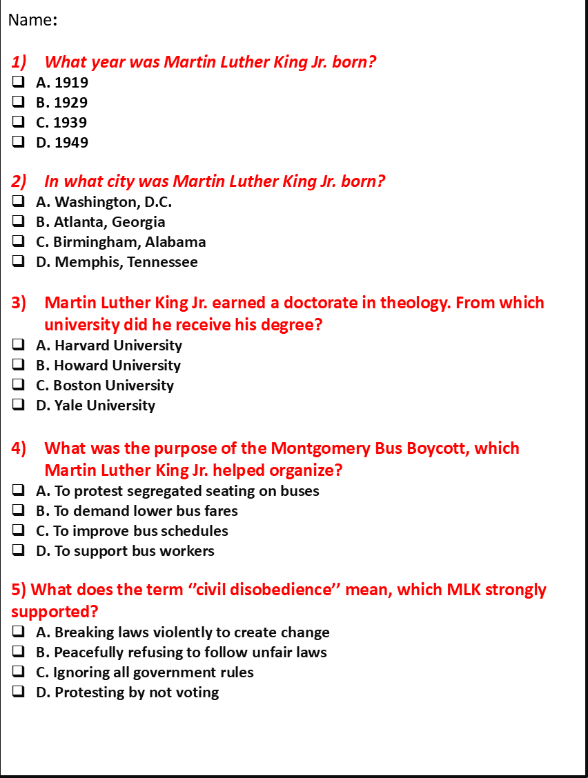Martin Luther King Jr Quiz – Middle School MLK Day and Civil Rights ...