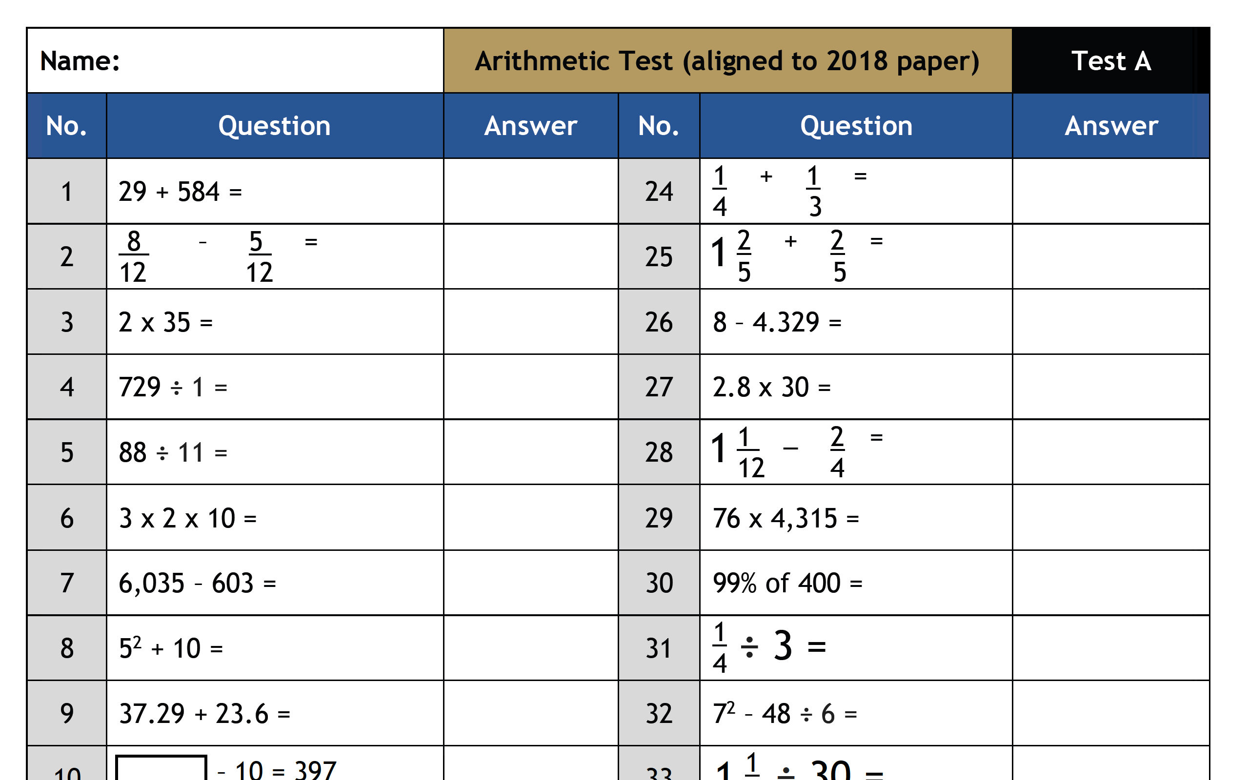 Year 6 Arithmetic Aligned To 2018 Paper Tests A B C Teaching