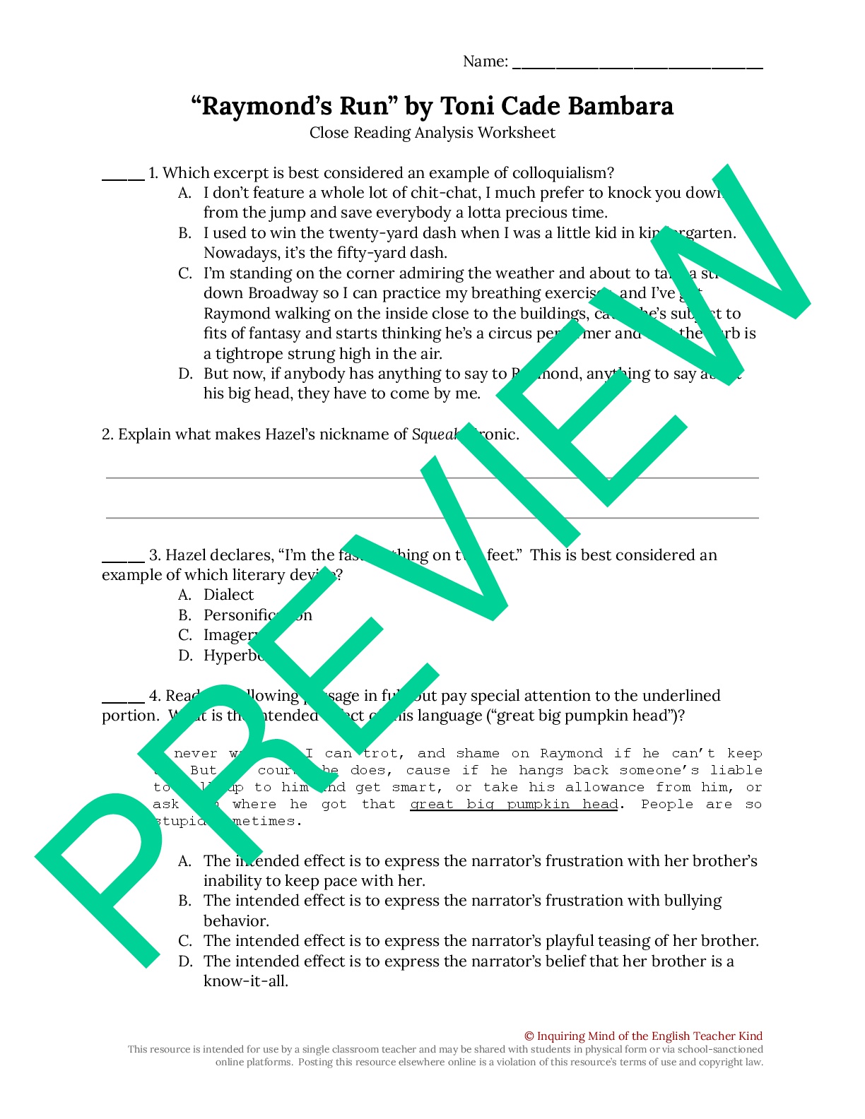 "Raymond's Run" by Toni Cade Bambara Close Reading Worksheet | Teaching ...