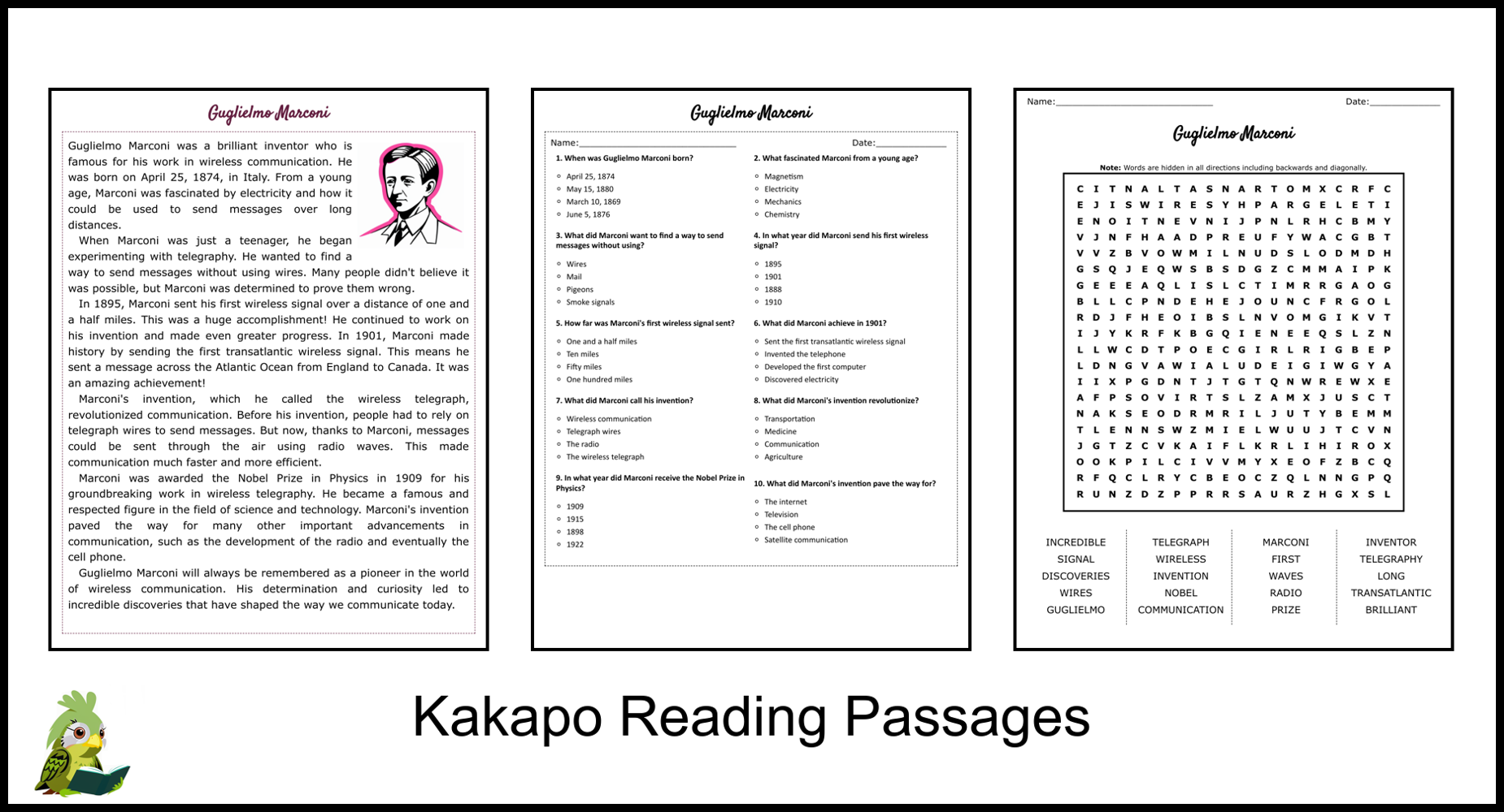 Guglielmo Marconi Reading Comprehension and Word Search | Teaching ...
