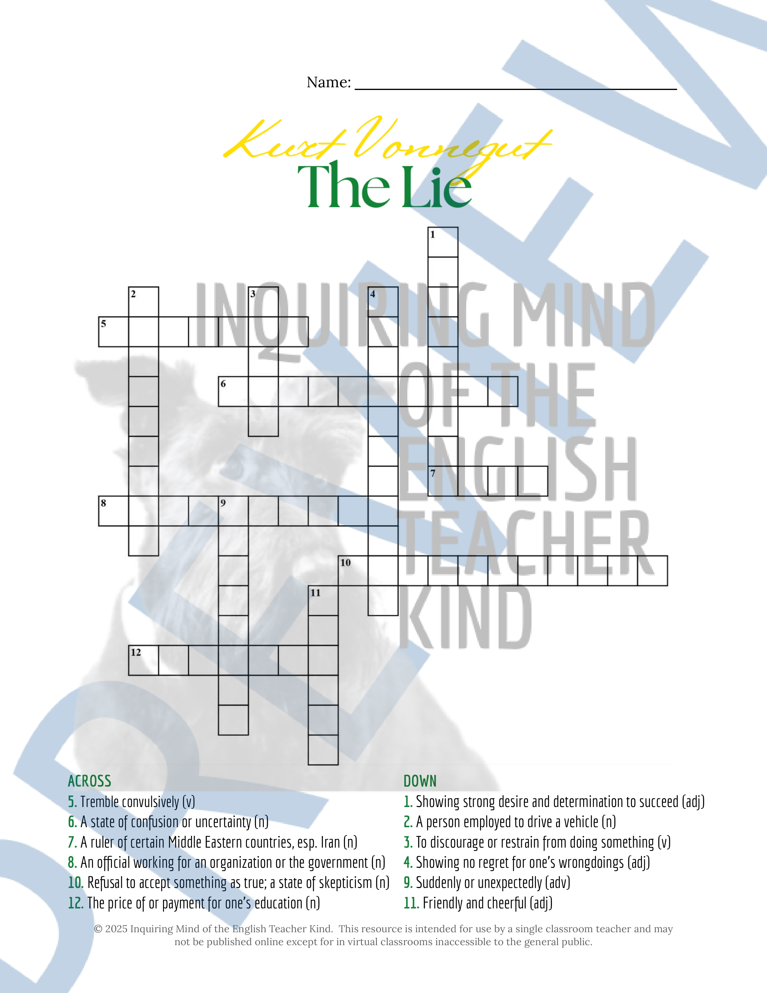 "The Lie" by Kurt Vonnegut Vocabulary Activities (Short Story ...