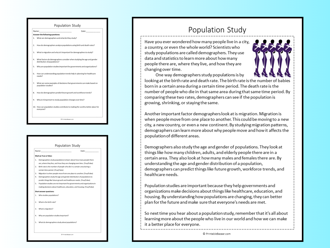 Population Study Reading Comprehension Passage Printable Worksheet ...