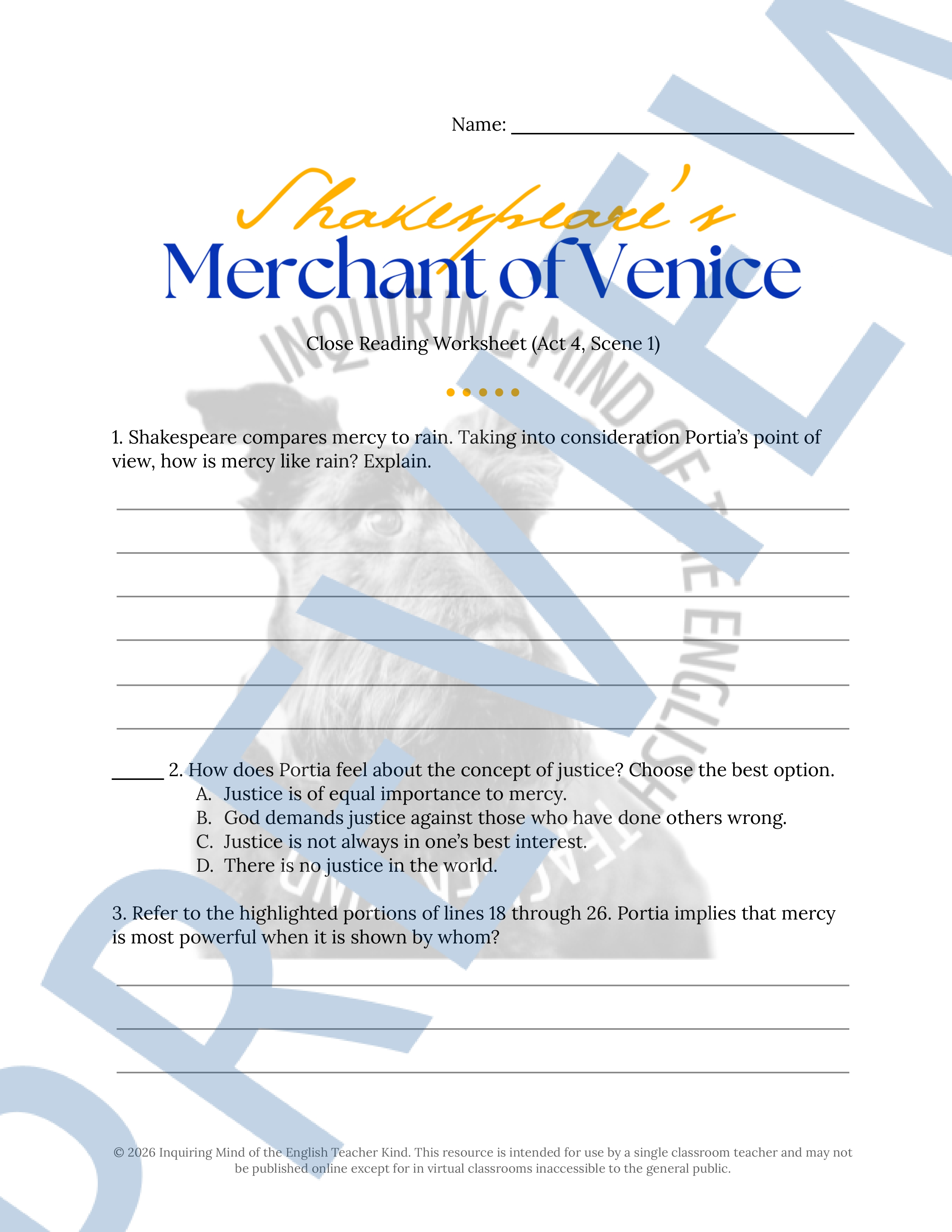 The Merchant of Venice Act 4 Scene 1 Close Reading Analysis Worksheet ...