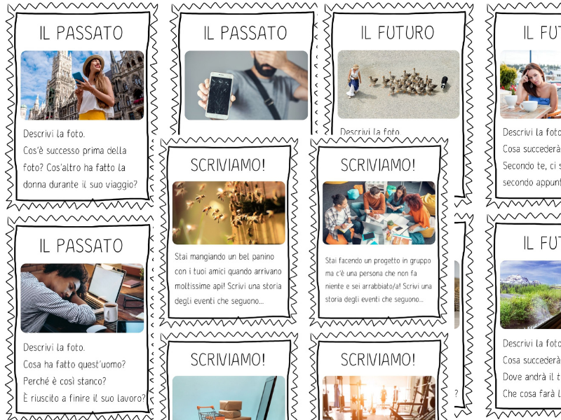 Italian Task Cards (x 80) w/ Pictures - 4 Verb Tenses + Set of Writing ...