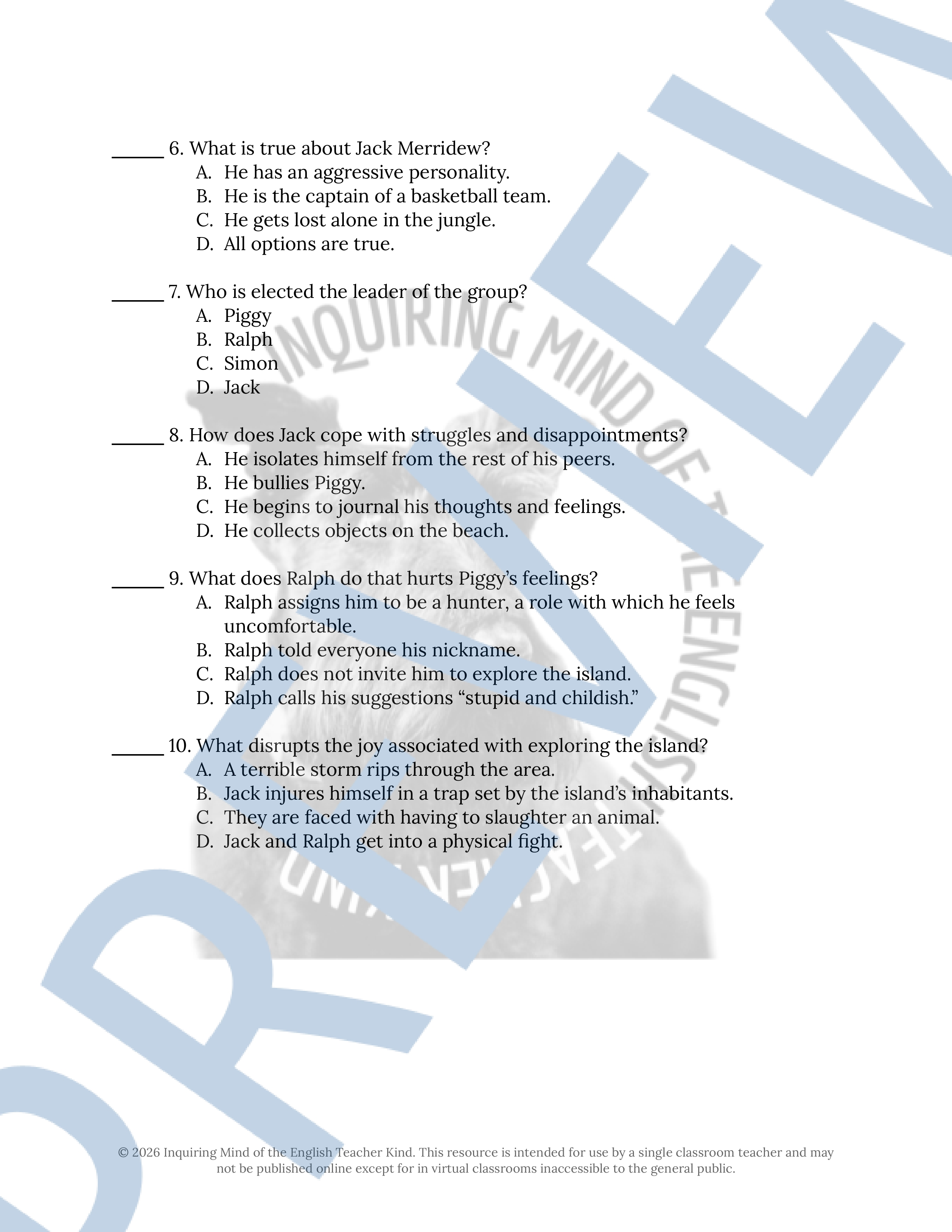 Lord of the Flies Chapter 1 Quiz and Answer Key | Guided Reading ...