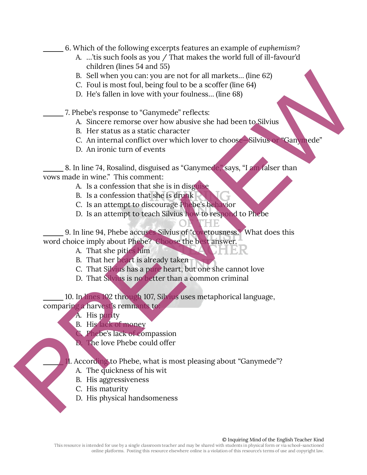 As You Like It Act 3 Scene 5 Close Reading Worksheet | Teaching Resources