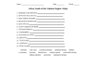 The African Region South of the Sahara Today Vocabulary Word Scramble ...