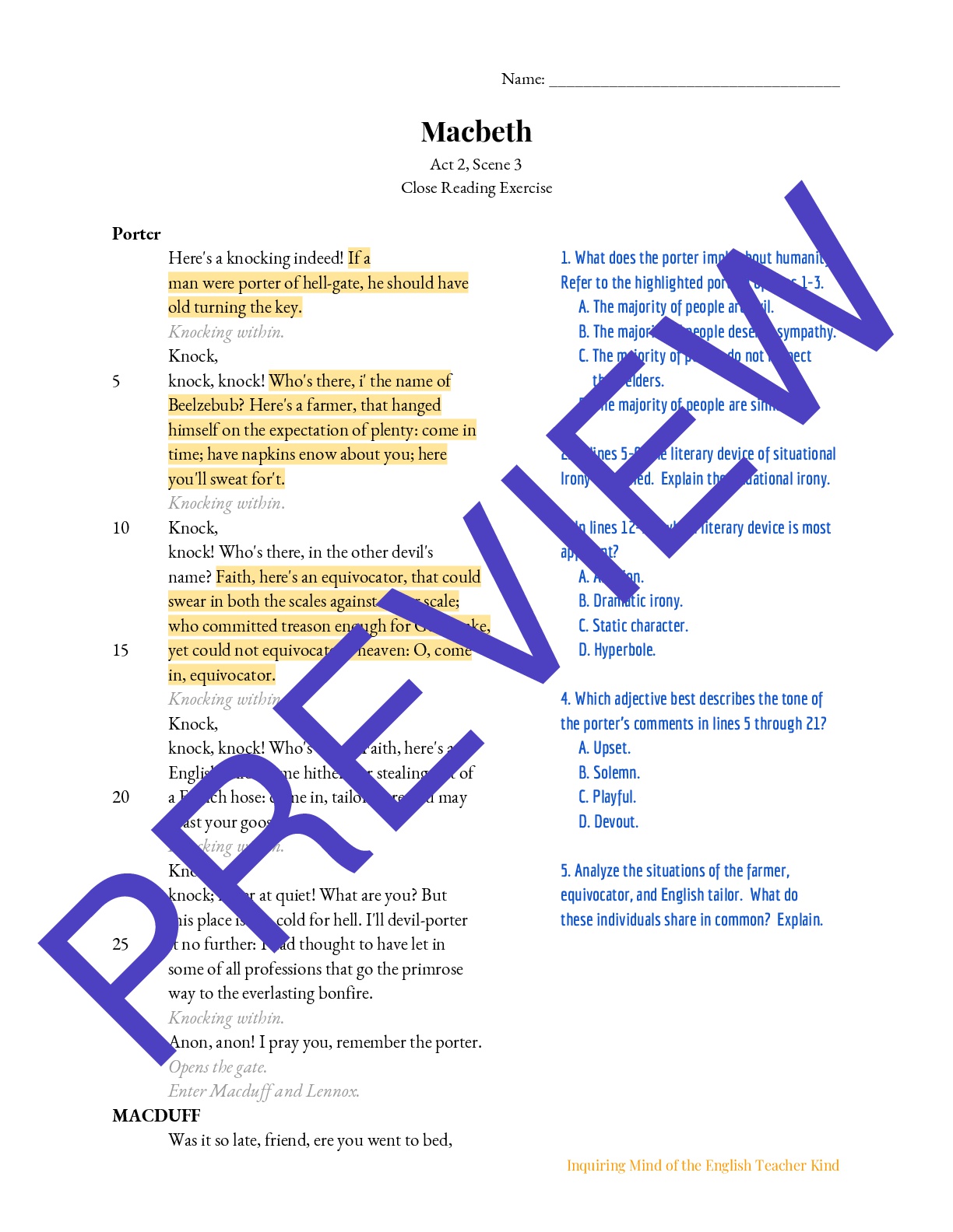 Shakespeare's Macbeth Close Reading of Act 2 Scene 3 | Teaching Resources