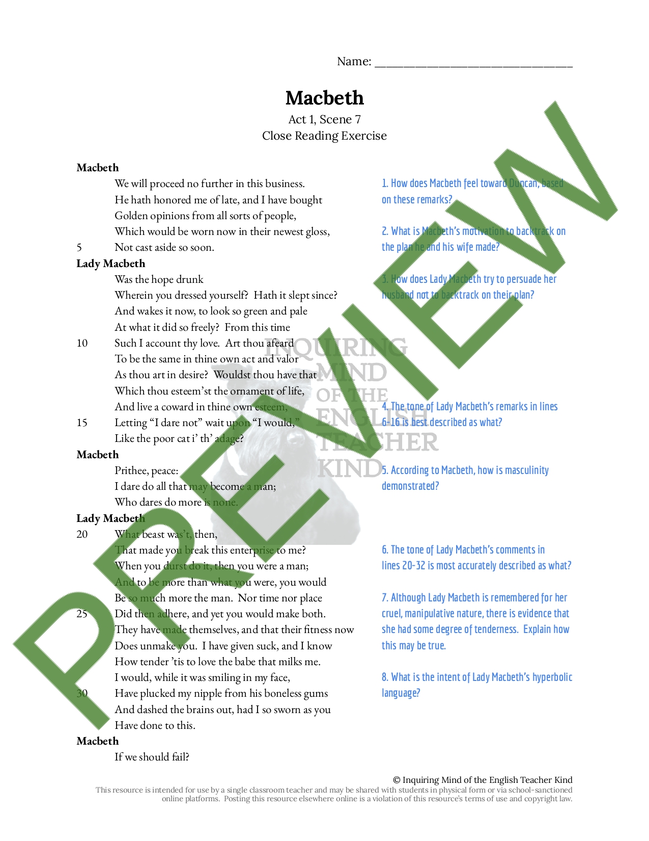 Macbeth Act 1 Scene 7 Close Reading Worksheet | Teaching Resources