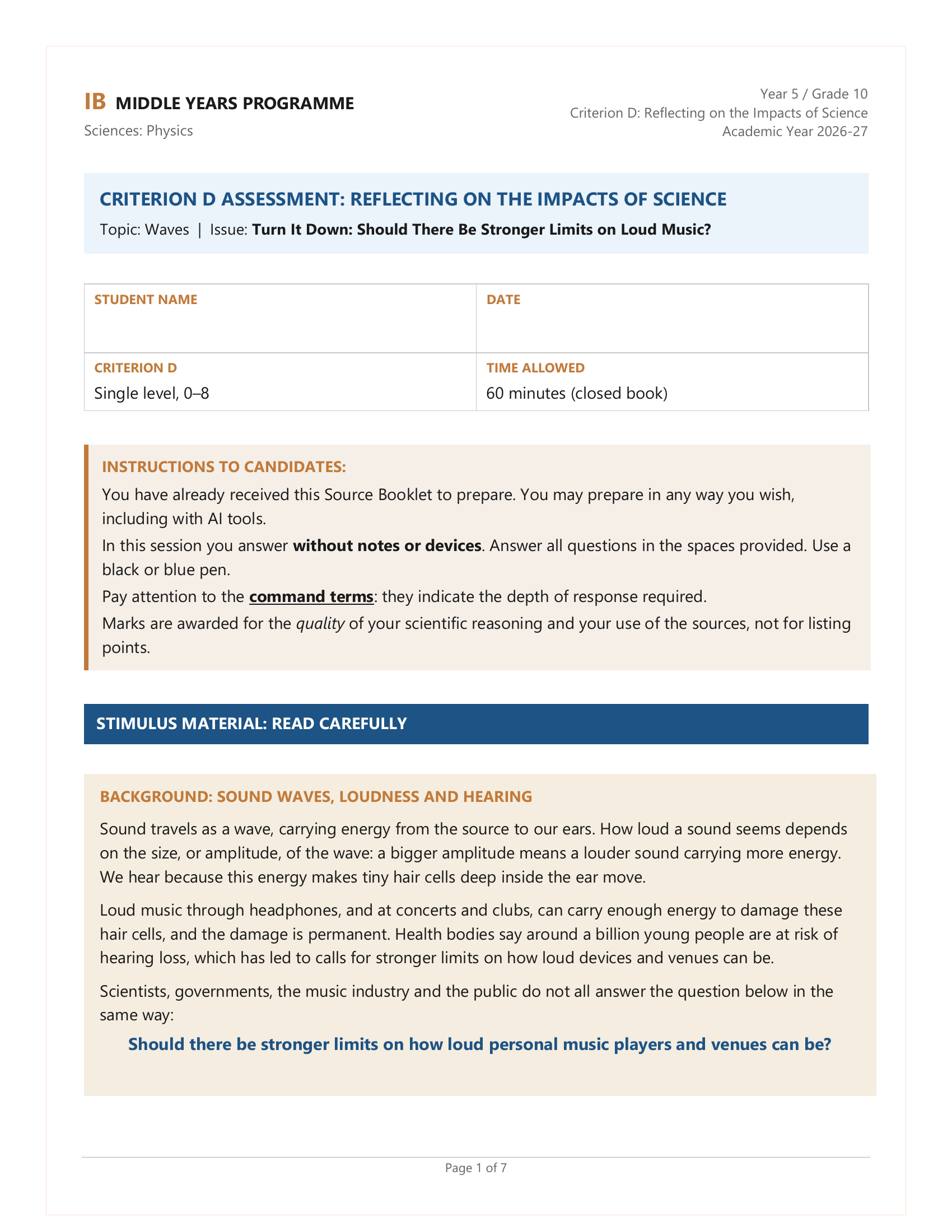 MYP Grade 10 Physics: 3 Criterion D Assessment Tasks - Waves - 2026 ...