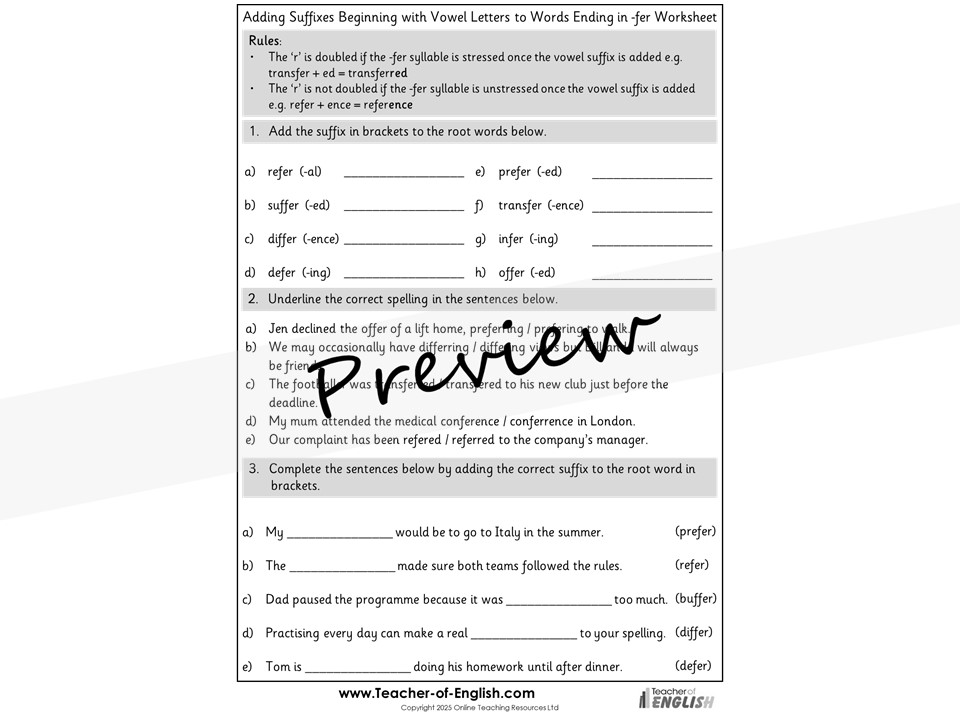 Adding Suffixes Beginning with Vowel Letters to Words Ending in -fer ...