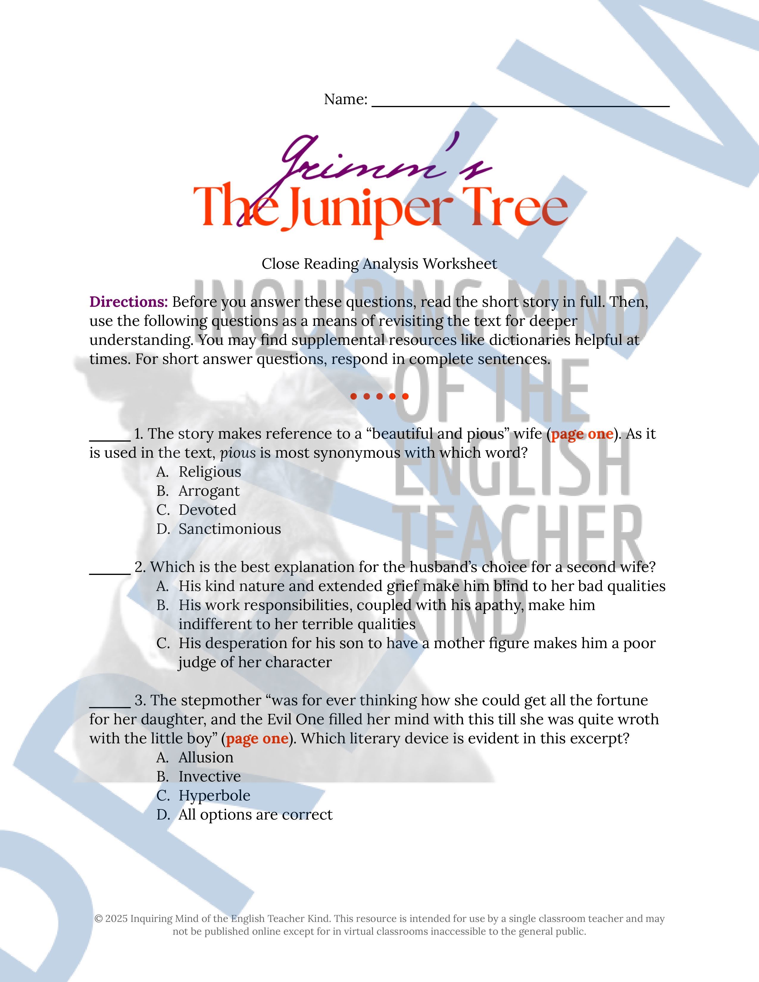 "The Juniper Tree" Close Reading Analysis Worksheet and Key (Grimm's ...