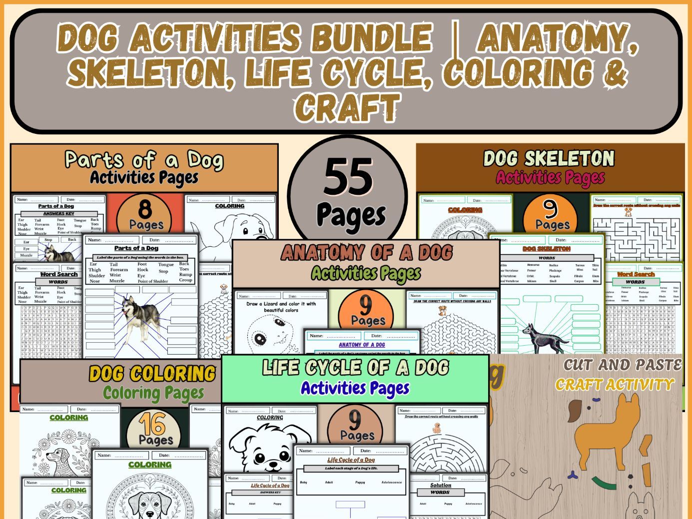 Dog Activities Bundle | Anatomy, Skeleton, Life Cycle, Coloring & Craft ...