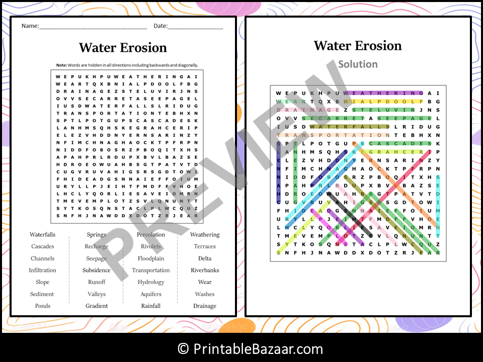 Water Erosion Word Search Puzzle Worksheet Activity | Teaching Resources