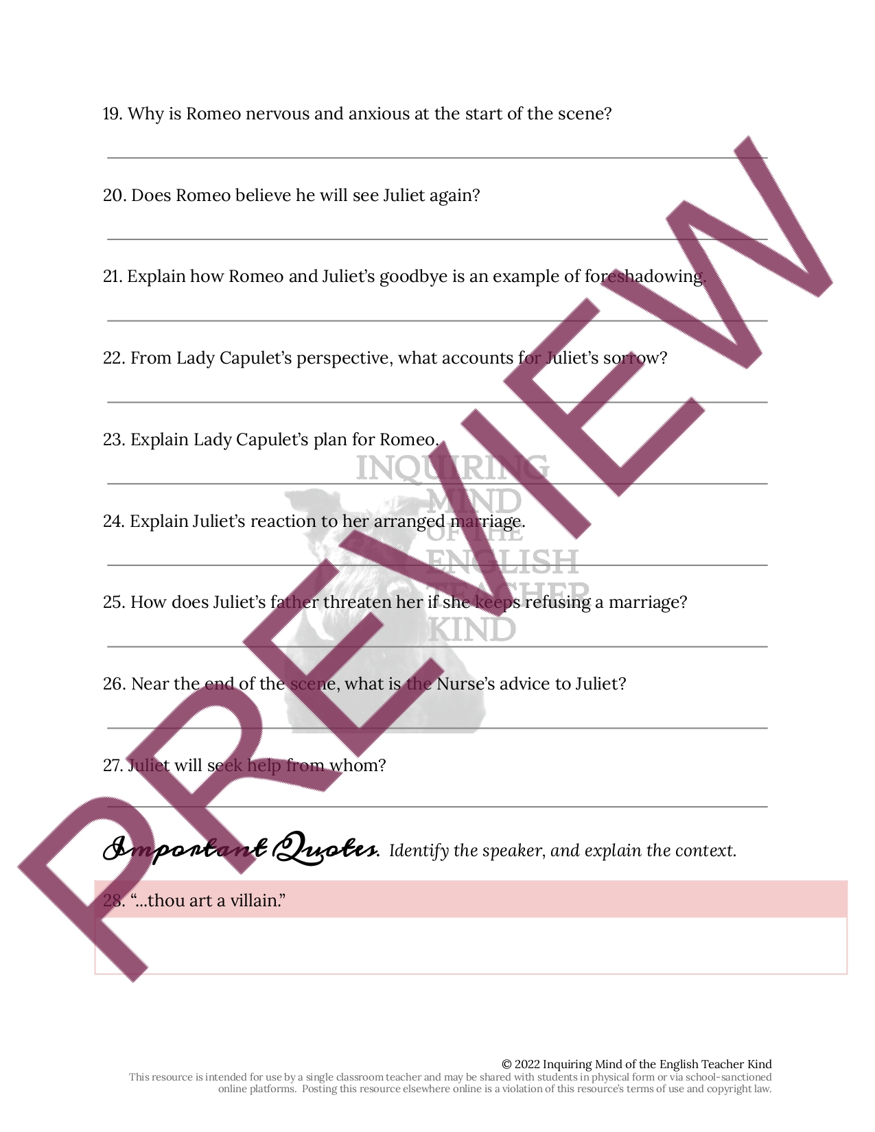 Romeo and Juliet Act 3 Reading Guide and Answer Key | Teaching Resources