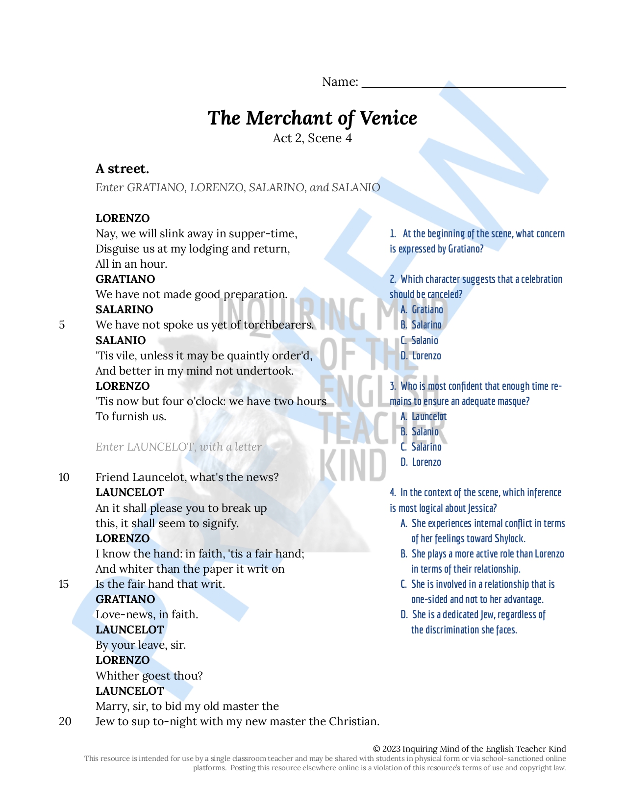 The Merchant of Venice Act 2 Scene 4 Close Reading Analysis Activity | Teaching Resources