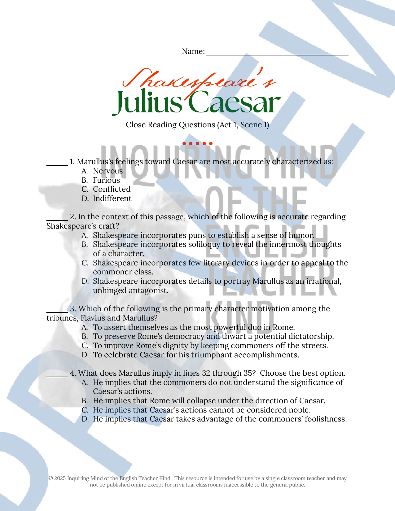 Julius Caesar Act 1 Scene 1 Close Reading Analysis Worksheet and Answer ...