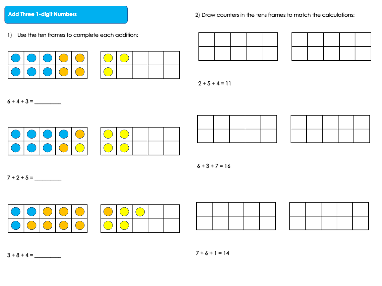 Addition and Subtraction Worksheet - Add Three 1-digit Numbers ...