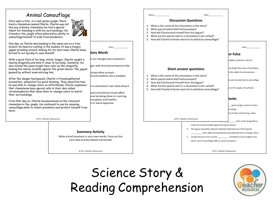 Animal Camouflage Reading Science Story Comprehension Questions ...