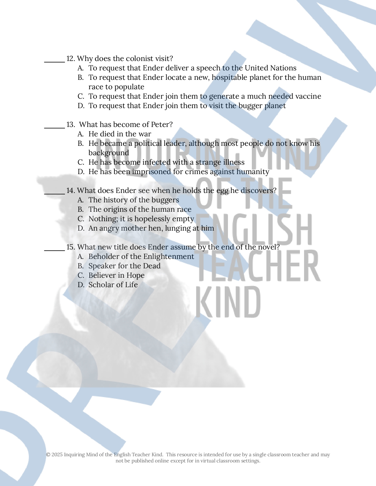 Ender's Game Chapters 14 and 15 Quiz and Answer Key | Teaching Resources