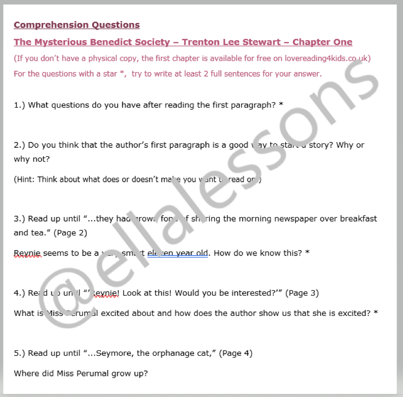 11+ Comprehension Practise - The Mysterious Benedict Society - Trenton ...
