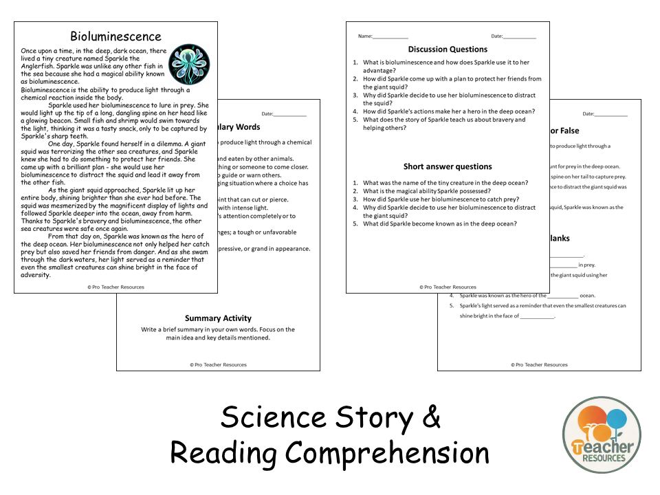 Bioluminescence Reading Science Story Comprehension Questions Worksheet ...