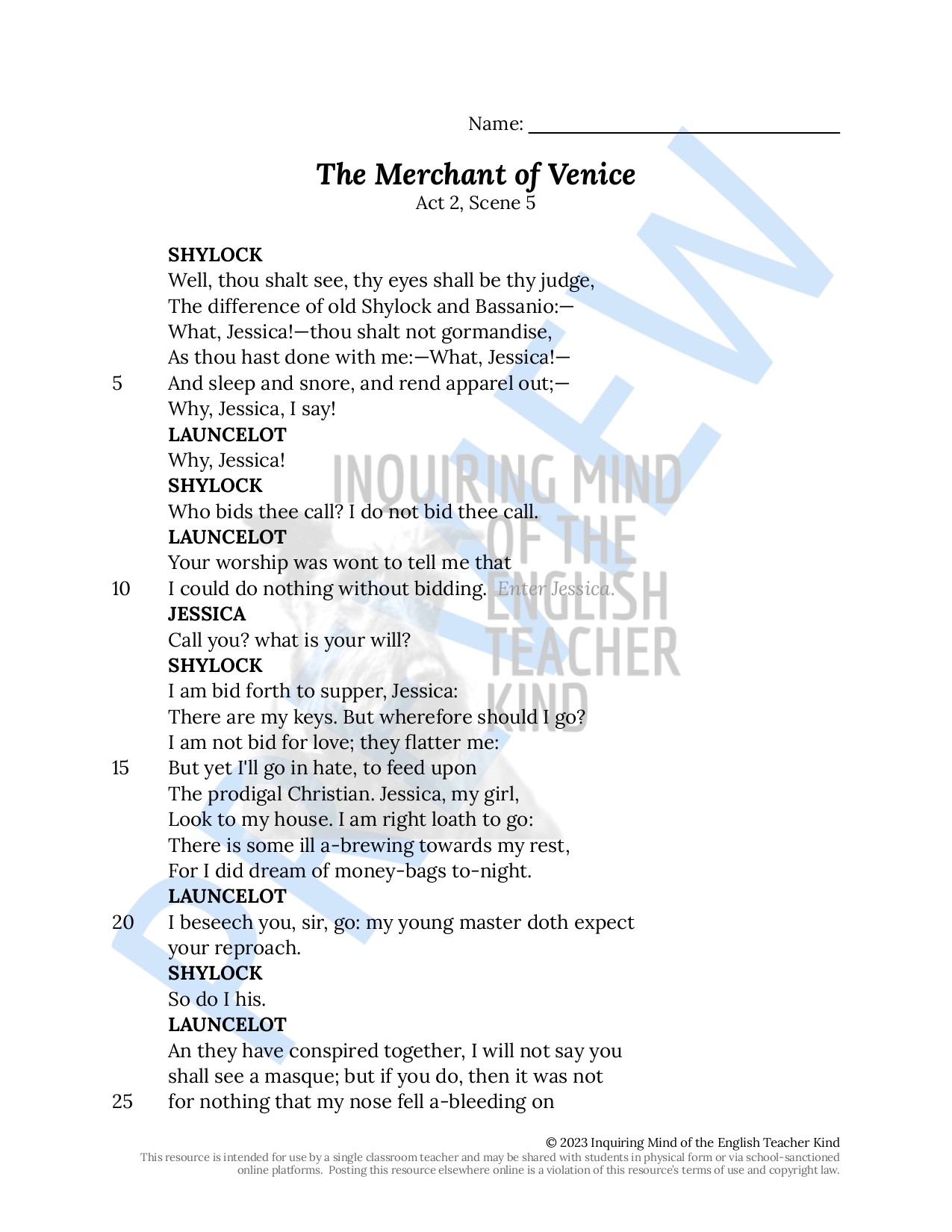 The Merchant of Venice Act 2 Scene 5 Close Reading Analysis Activity ...