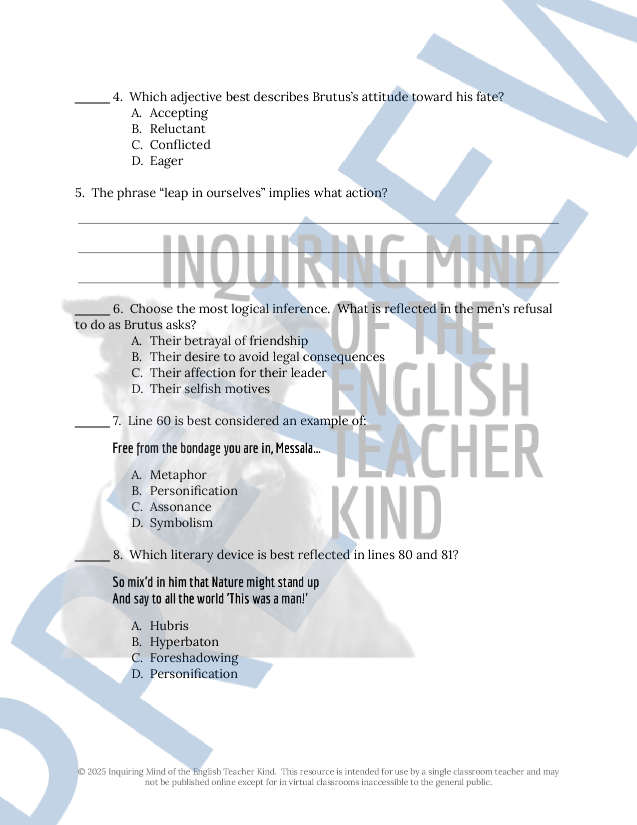 Julius Caesar Act 5 Scene 5 Close Reading Analysis Worksheet and Answer ...