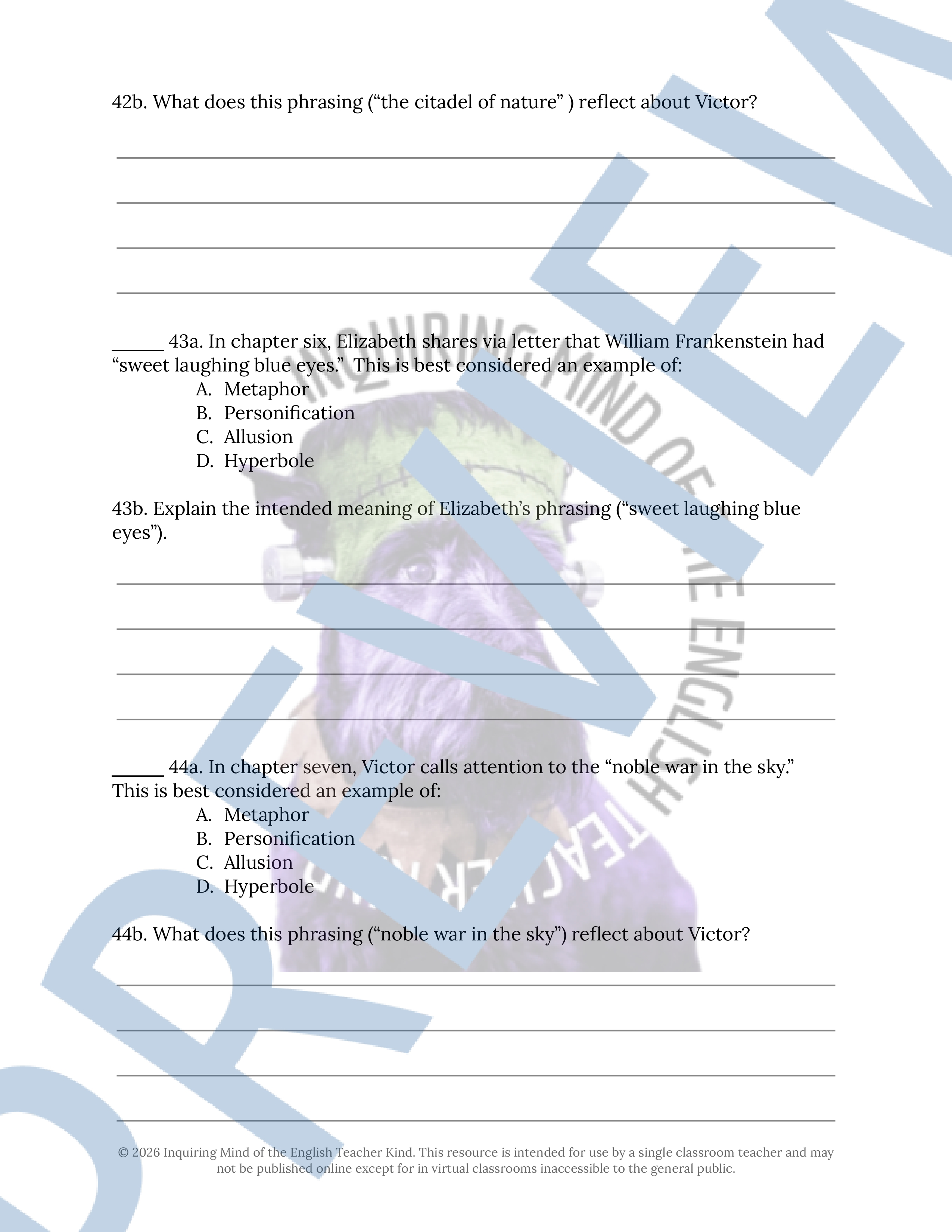 Frankenstein by Mary Shelley Test, Answer Key & Study Guide for High ...
