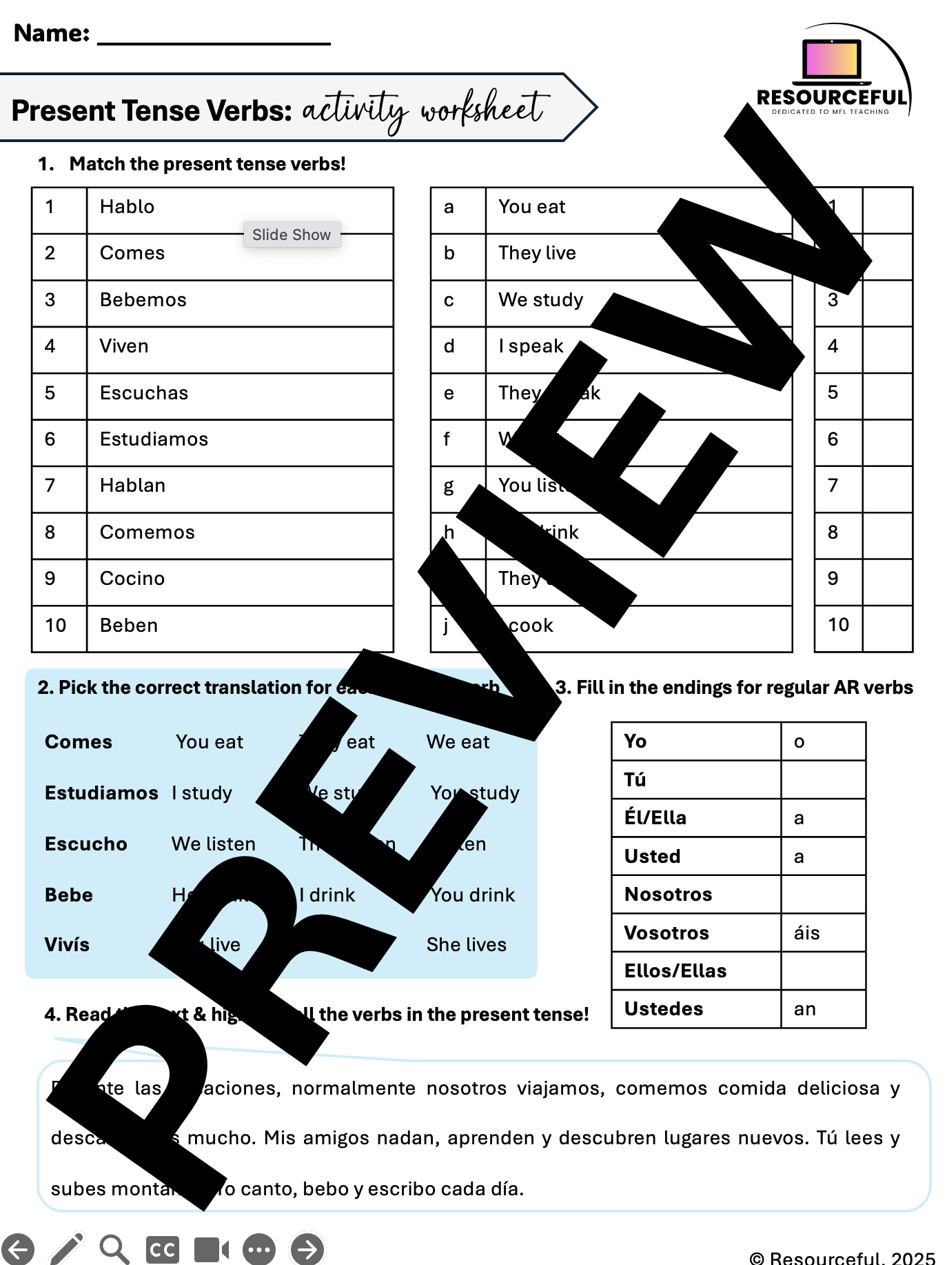 Spanish Present Tense Regular Verbs Activity Worksheet | Teaching Resources