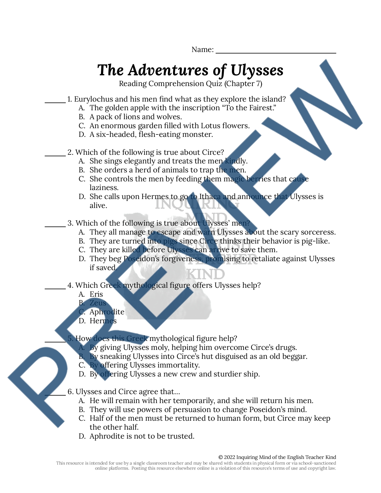 Adventures of Ulysses Chapter 7 Quiz and Answer Key | Teaching Resources