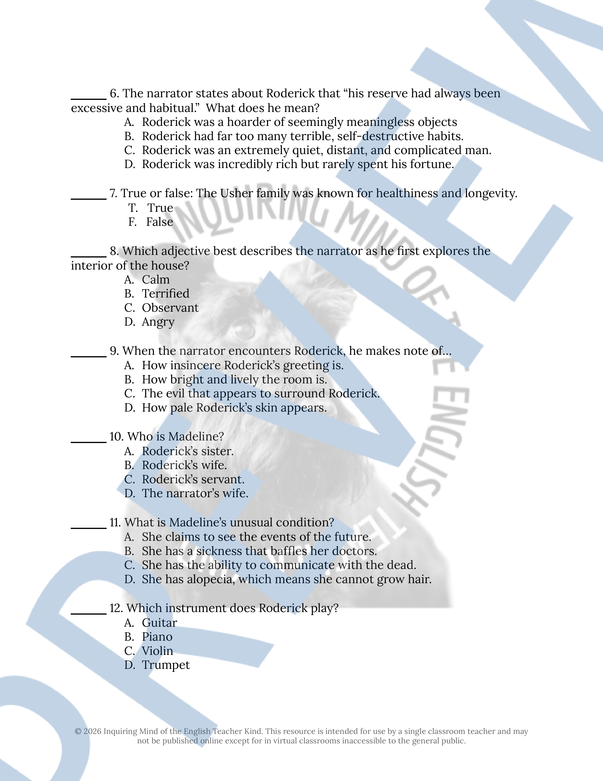"Fall of the House of Usher" by Edgar Allan Poe Quiz and Answer Key ...