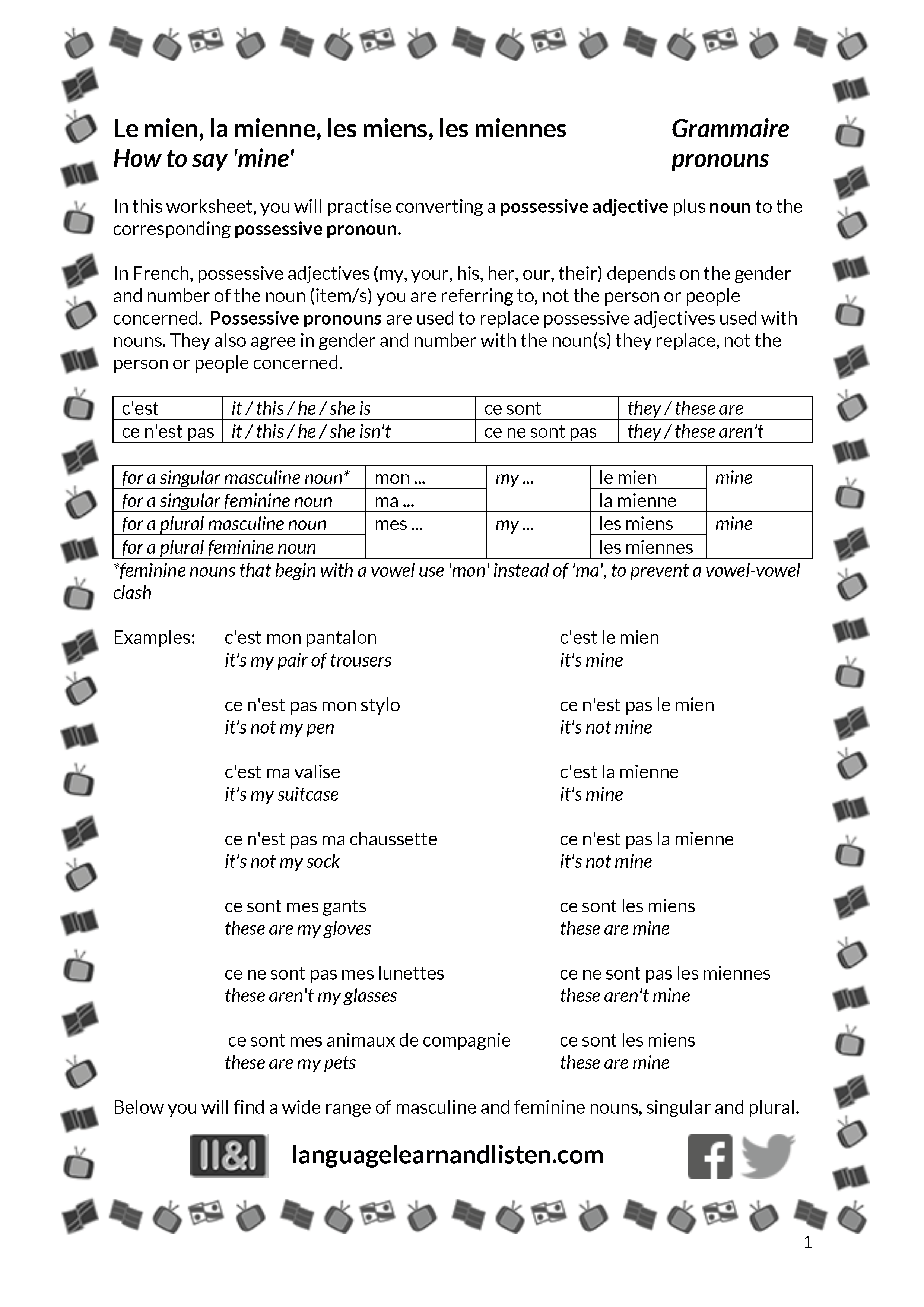 French - possessive pronouns - Le mien, la mien, les miens, les miennes ...